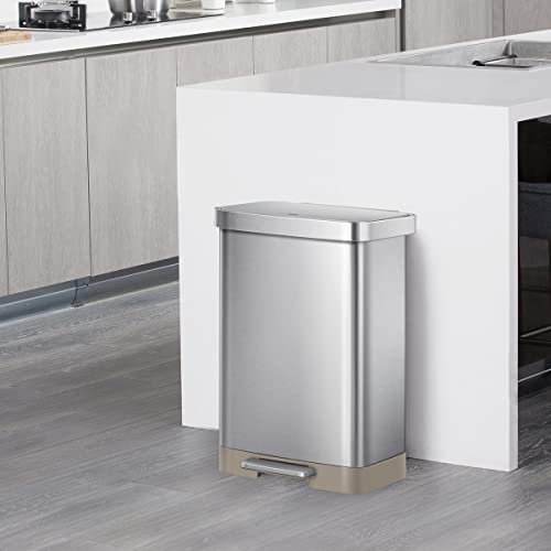 EKO Hudson Matte Stainless 50 Liter/13.2 Gallon Step Trash Can with Rear Trash Bag Storage Compartment