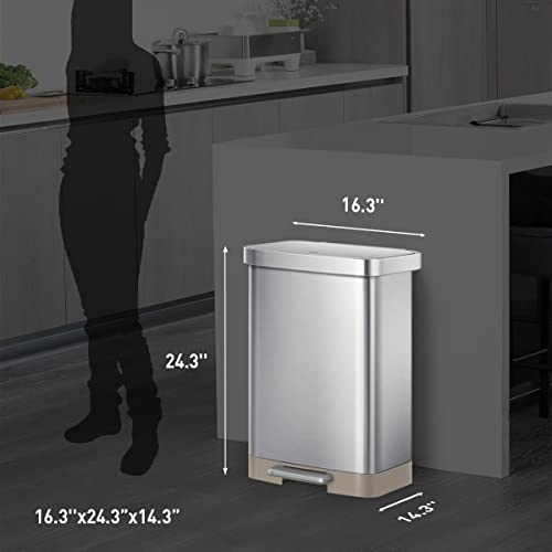 EKO Hudson Matte Stainless 50 Liter/13.2 Gallon Step Trash Can with Rear Trash Bag Storage Compartment