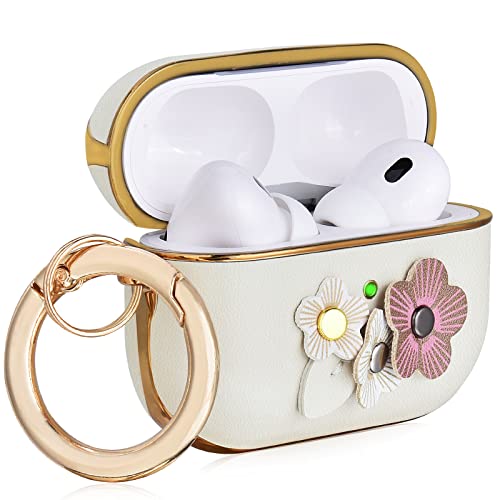 V-MORO for Airpods Pro 2nd Generation Case, Flower AirPod Pro 2 Leather Case Protective Floral Hard iPod Pro 2 Case for Women Men with Keychain for Airpods Pro 2(2022), Rice White