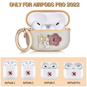 V-MORO for Airpods Pro 2nd Generation Case, Flower AirPod Pro 2 Leather Case Protective Floral Hard iPod Pro 2 Case for Women Men with Keychain for Airpods Pro 2(2022), Rice White