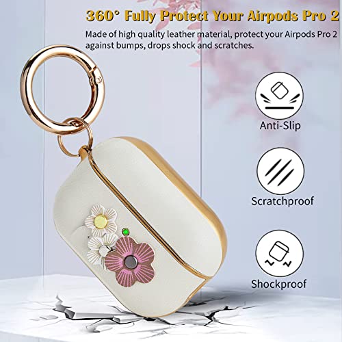 V-MORO for Airpods Pro 2nd Generation Case, Flower AirPod Pro 2 Leather Case Protective Floral Hard iPod Pro 2 Case for Women Men with Keychain for Airpods Pro 2(2022), Rice White