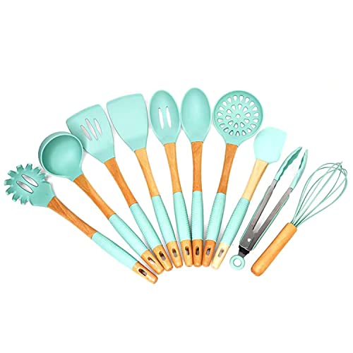 RANIT 10 pieces of silicone kitchenware Set,Wooden handle Non-stick pot cooking tool set,Kitchen Utensils Household Cooking Spoon Shovel Kitchenware Set (Green)