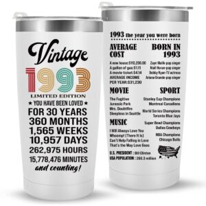 Jettryran 30th Birthday Gifts for Women Men 30 Years Old Gifts- 20 oz Double-sided Vintage 1993 Time with Information Tumbler Cup（white） Turning 30- TW001