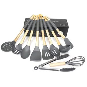 RANIT 10 pieces of silicone kitchenware Set,Wooden handle Non-stick pot cooking tool set,Kitchen Utensils Household Cooking Spoon Shovel Kitchenware Set (Gray)