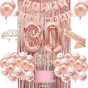 30th birthday decorations for women, rose gold 30 birthday decorations for her, happy 30th birthday banner, crown, sash, cake topper and number balloon, 30th birthday party supplies for women