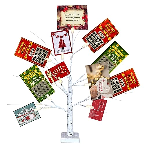 DEWBIN Money Tree Gift Holder, 24" 2FT Lighted Birch Trees Stands with LEDs, Battery Powered Timer with 12 Clear Clips, Display Card Photo Lottery for Christmas, Birthday, Wedding, Graduation (White)