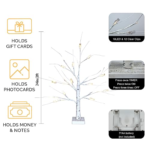 DEWBIN Money Tree Gift Holder, 24" 2FT Lighted Birch Trees Stands with LEDs, Battery Powered Timer with 12 Clear Clips, Display Card Photo Lottery for Christmas, Birthday, Wedding, Graduation (White)