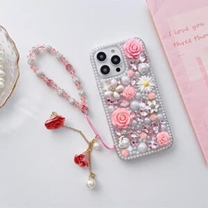 Threesee for Galaxy Note 10 Plus Bling Case,Luxury Crystal Rhinestone Flowers Glitter Diamond Pearl Women Girls Kids Case Cover with Lanyard for Samsung Galaxy Note 10 Plus