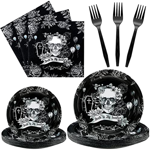 96 Pieces Death to My 20s Party Decorations Supplies Black Party Tableware Set 30th Birthday Party Dessert Plates Napkins Forks for 24 Guests My Youth Funny Thirtieth Birthday Party