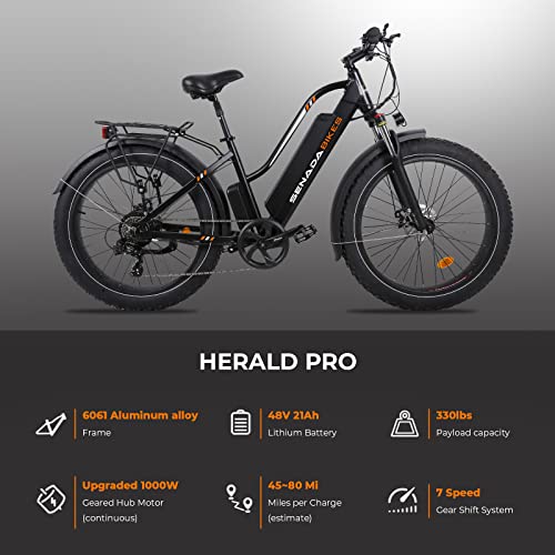 SENADA Electric Bike for Adults, 26" x 4.0 Fat Tire Electric Bikes, 1000W 48V 21Ah Ebike, 30MPH Snow Beach Electric Bicycle with Removable Battery, 7 Speed