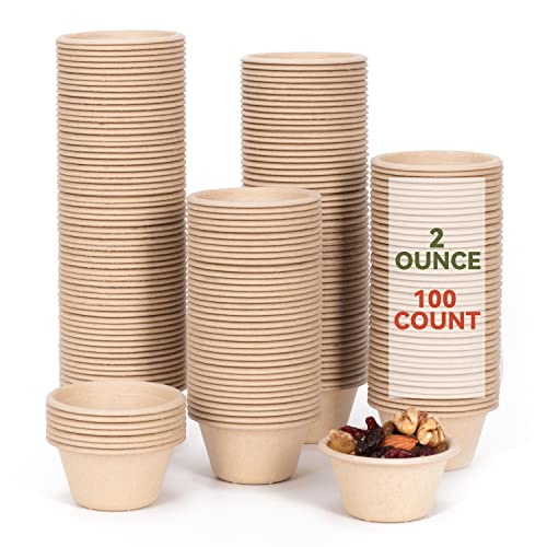 Gere Disposable Testing Cup Bowls,100 Pack, 2 oz, Natural Biodegradable Bagasse Fiber Souffle Cups, Condiment Cups, Sample Cups, Measuring Cups,