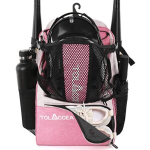 girls baseball bag, youth baseball backpack, bat bag for baseball, t-ball & softball equipment, baseball bat backpack girls with helmet holder, shoes compartment and fence hook holds helmets, shoes, bat, glove (pink)