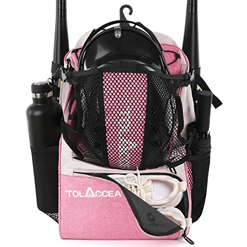 Girls Baseball Bag, Youth Baseball Backpack, Bat Bag for Baseball, T-Ball & Softball Equipment, Baseball Bat Backpack Girls with Helmet Holder, Shoes Compartment and Fence Hook Holds Helmets, Shoes, Bat, Glove (Pink)