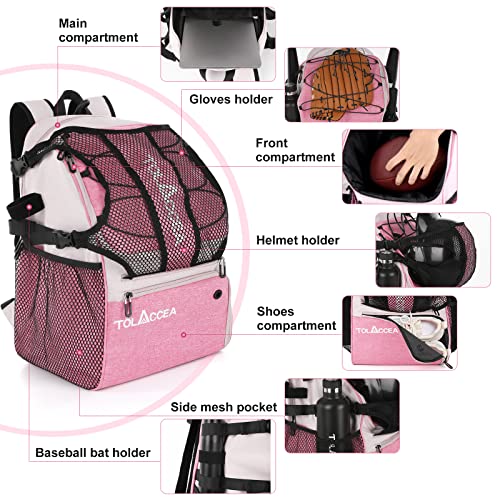 Girls Baseball Bag, Youth Baseball Backpack, Bat Bag for Baseball, T-Ball & Softball Equipment, Baseball Bat Backpack Girls with Helmet Holder, Shoes Compartment and Fence Hook Holds Helmets, Shoes, Bat, Glove (Pink)