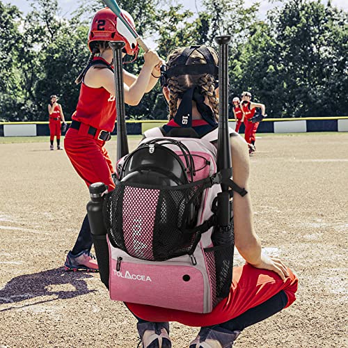 Girls Baseball Bag, Youth Baseball Backpack, Bat Bag for Baseball, T-Ball & Softball Equipment, Baseball Bat Backpack Girls with Helmet Holder, Shoes Compartment and Fence Hook Holds Helmets, Shoes, Bat, Glove (Pink)