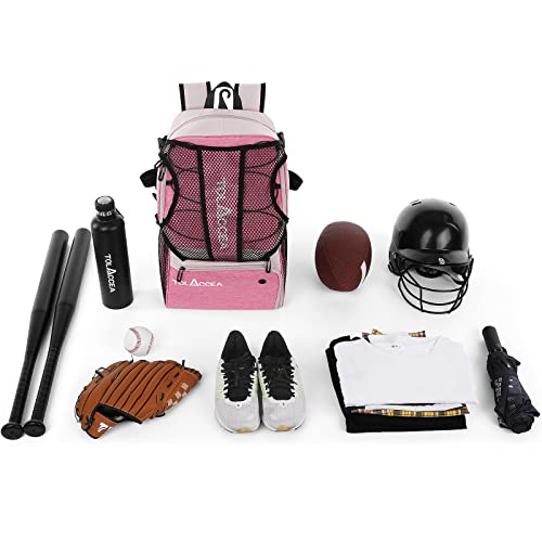 Girls Baseball Bag, Youth Baseball Backpack, Bat Bag for Baseball, T-Ball & Softball Equipment, Baseball Bat Backpack Girls with Helmet Holder, Shoes Compartment and Fence Hook Holds Helmets, Shoes, Bat, Glove (Pink)