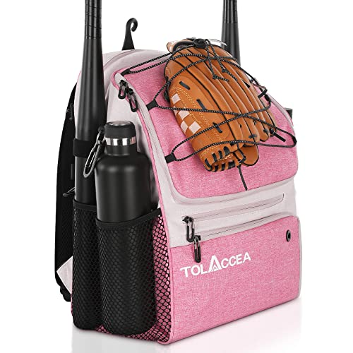 Girls Baseball Bag, Youth Baseball Backpack, Bat Bag for Baseball, T-Ball & Softball Equipment, Baseball Bat Backpack Girls with Helmet Holder, Shoes Compartment and Fence Hook Holds Helmets, Shoes, Bat, Glove (Pink)