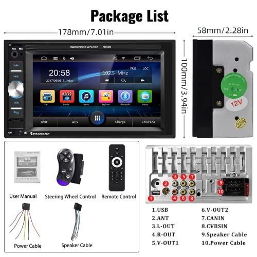 UNITOPSCI Double Din Car Stereo 6.2 Inch Touch Screen Bluetooth Car Radio Mirror Link Car Multimedia Player FM/AUX Audio/USB/TF Card/DVR Input MP5 Player with Remote Control,Steering Wheel Control