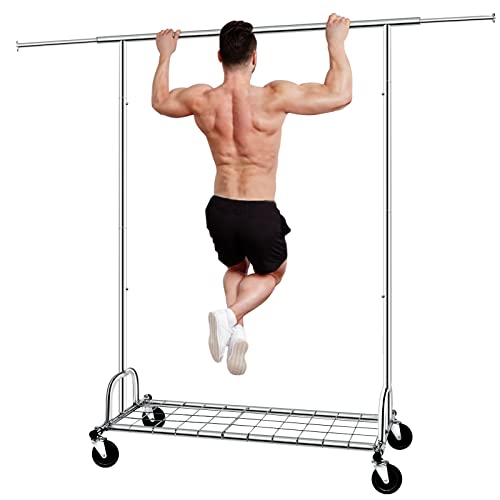 SPECILITE Clothes Rack Heavy Duty Load 480LBS, Grament Rack with Extensible Size, 75" L,Metal Rolling Clothing Rack 2-in-1 with Sturdy Wheels and Shelves, Collapsible Wardrobe Rack, Chrome