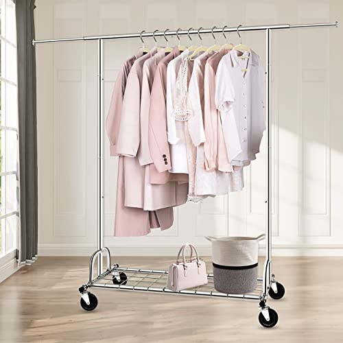 SPECILITE Clothes Rack Heavy Duty Load 480LBS, Grament Rack with Extensible Size, 75" L,Metal Rolling Clothing Rack 2-in-1 with Sturdy Wheels and Shelves, Collapsible Wardrobe Rack, Chrome