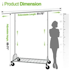 SPECILITE Clothes Rack Heavy Duty Load 480LBS, Grament Rack with Extensible Size, 75" L,Metal Rolling Clothing Rack 2-in-1 with Sturdy Wheels and Shelves, Collapsible Wardrobe Rack, Chrome