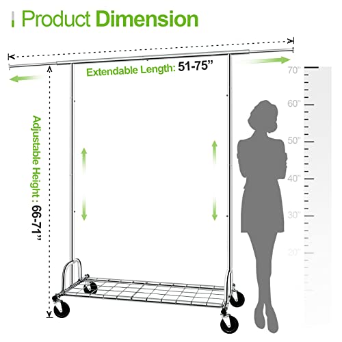 SPECILITE Clothes Rack Heavy Duty Load 480LBS, Grament Rack with Extensible Size, 75" L,Metal Rolling Clothing Rack 2-in-1 with Sturdy Wheels and Shelves, Collapsible Wardrobe Rack, Chrome