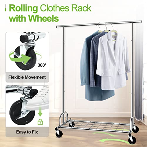 SPECILITE Clothes Rack Heavy Duty Load 480LBS, Grament Rack with Extensible Size, 75" L,Metal Rolling Clothing Rack 2-in-1 with Sturdy Wheels and Shelves, Collapsible Wardrobe Rack, Chrome