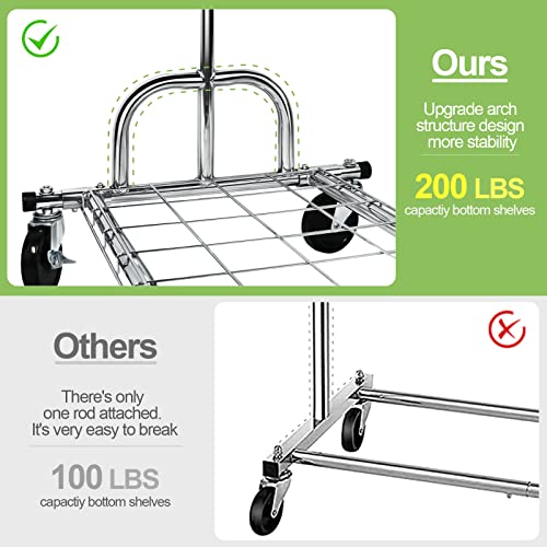 SPECILITE Clothes Rack Heavy Duty Load 480LBS, Grament Rack with Extensible Size, 75" L,Metal Rolling Clothing Rack 2-in-1 with Sturdy Wheels and Shelves, Collapsible Wardrobe Rack, Chrome