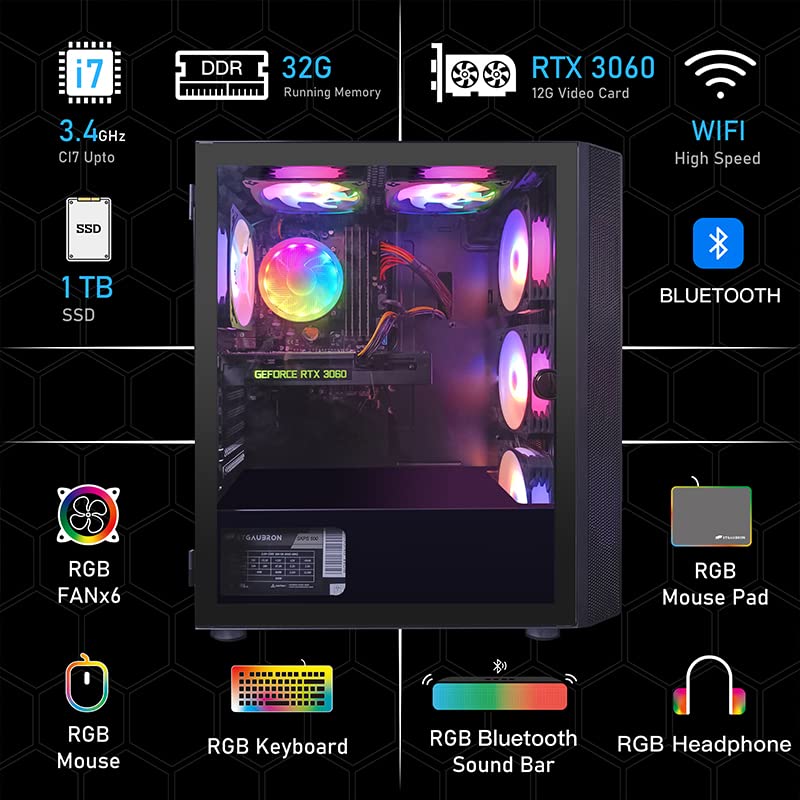 STGAubron Gaming Desktop PC,Intel Core i7 up to 3.9G,GeForce RTX 3060 12G GDDR6,32G,1TB SSD,WiFi,BT 5.0,RGB Fanx6,RGB Keybaord,RGB Mouse,Mouse Pad,RGB Bluetooth Sound Bar,RGB BT Gaming Mic,W10H64