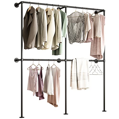 BOSURU Industrial Pipe Clothing Rack Wall Mounted,Clothes Racks with Double Hanging Rods for Closet Storage(Black)