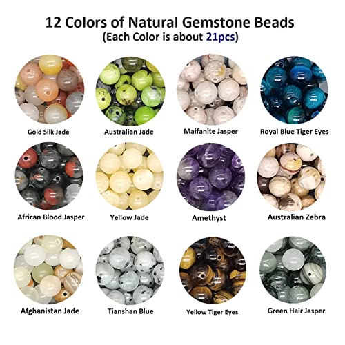 252pcs 8mm Natural Round Stone Beads Gemstone Beading Hole Size 1mm Crystal Energy Stone Healing for Bracelet Necklace Earrings Jewelry Making(12 Colors-4,8mm)