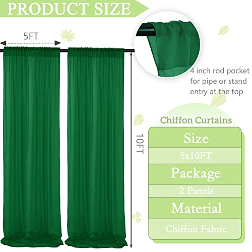 FANPROMS Dark Green Chiffon Curtains 10FTx10FT 2 Panels Chiffon Fabric Backdrop Drapes Sheer Archway Drapes for Wedding Emerald Green Tulle Backdrops for Wedding Birthday Arbor Canopy Ceiling Curtain