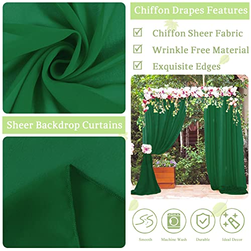 FANPROMS Dark Green Chiffon Curtains 10FTx10FT 2 Panels Chiffon Fabric Backdrop Drapes Sheer Archway Drapes for Wedding Emerald Green Tulle Backdrops for Wedding Birthday Arbor Canopy Ceiling Curtain