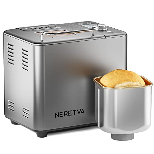 Neretva 20-in-1 2LB Bread Maker Machine with Gluten Free Pizza Sourdough Setting, Digital, Programmable, 1 Hour Keep Warm, 2 Loaf Sizes, 3 Crust Colors - Receipe Booked Included (Silver)