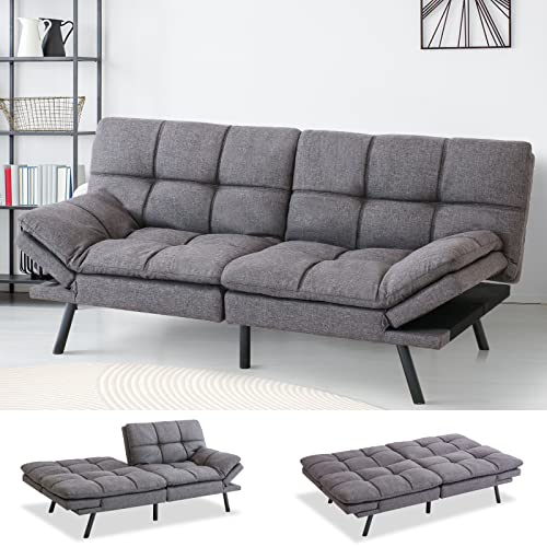 MUUEGM Futon Sofa Bed,Convertible Memory Foam Futon Couch for Small Spaces,Modern Loveseat Sleeper Sofa with Adjustable Armrests for Compact Living Room,Offices,Dorm,Studio/Grey