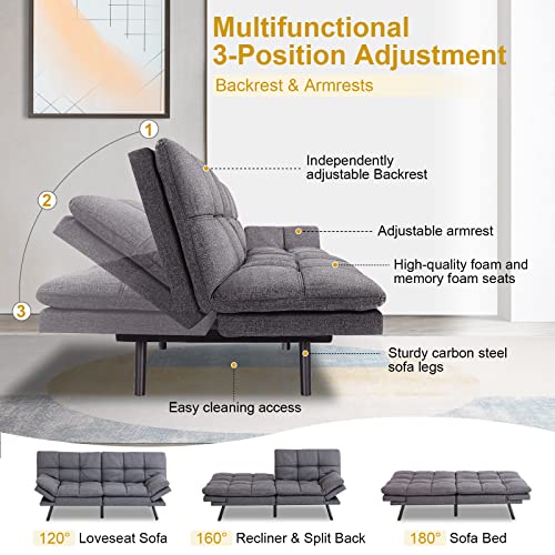 MUUEGM Futon Sofa Bed,Convertible Memory Foam Futon Couch for Small Spaces,Modern Loveseat Sleeper Sofa with Adjustable Armrests for Compact Living Room,Offices,Dorm,Studio/Grey