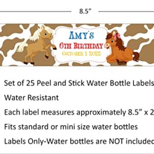 Horse Personalized Water Bottle Labels, Birthday Party Favors, Pack of 25, Waterproof, Peel and Stick Wrappers