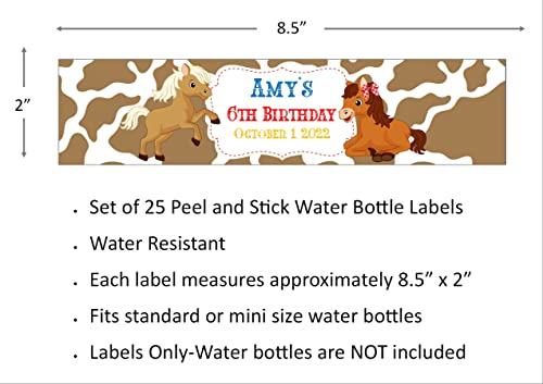 Horse Personalized Water Bottle Labels, Birthday Party Favors, Pack of 25, Waterproof, Peel and Stick Wrappers