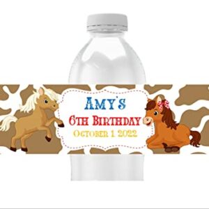 Horse Personalized Water Bottle Labels, Birthday Party Favors, Pack of 25, Waterproof, Peel and Stick Wrappers