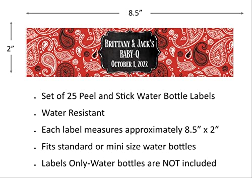 Paisley Personalized Water Bottle Labels, Birthday Party Favors, Pack of 25, Waterproof, Peel and Stick Wrappers (Red)