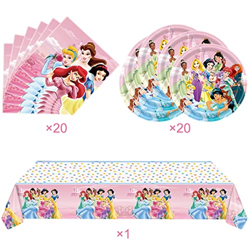 41pcs Princess Birthday Party Supplies ,20 Plates + 20 Napkin + 1Tablecloth Princess Party Decorations Supplies ， Kids Party Decoration Supplies