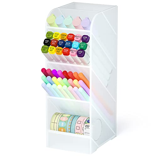 Asten Pen Holder, Pencil Holder for Desk, Pen Organizer for Office, School, Desktop, Large Capacity Pen Storage Organizer with 5 Compartment for Pens, Markers, Makeup Brush, Cosmetics (Clear, 1 Pack)