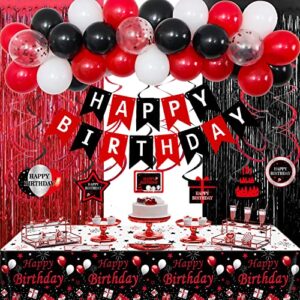 birthday decorations red and black for men women, happy birthday party decorations for boys girls, red bday party supplies birthday tablecloth balloons foil fringe curtains hanging swirls decor