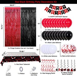 Birthday Decorations Red and Black for Men Women, Happy Birthday Party Decorations for Boys Girls, Red Bday Party Supplies Birthday Tablecloth Balloons Foil Fringe Curtains Hanging Swirls Decor