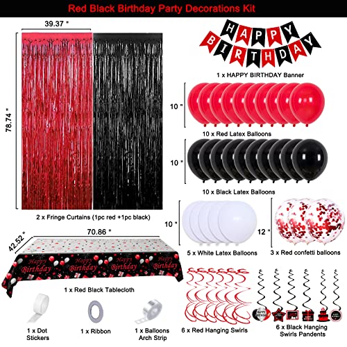 Birthday Decorations Red and Black for Men Women, Happy Birthday Party Decorations for Boys Girls, Red Bday Party Supplies Birthday Tablecloth Balloons Foil Fringe Curtains Hanging Swirls Decor