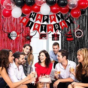 Birthday Decorations Red and Black for Men Women, Happy Birthday Party Decorations for Boys Girls, Red Bday Party Supplies Birthday Tablecloth Balloons Foil Fringe Curtains Hanging Swirls Decor