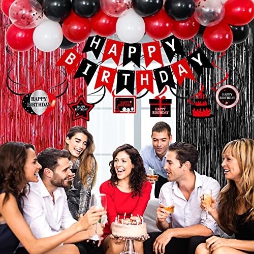 Birthday Decorations Red and Black for Men Women, Happy Birthday Party Decorations for Boys Girls, Red Bday Party Supplies Birthday Tablecloth Balloons Foil Fringe Curtains Hanging Swirls Decor