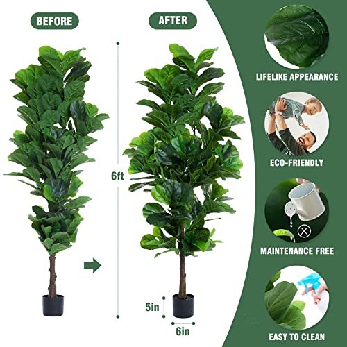 FLOWORLD Fiddle Leaf Fig Tree 6ft Tall Artificial Tree in Plastic Pot Fake Ficus Lyrata Plants with 184 Decorative Fiddle Leaves Faux Fig Trees for Home Office Living Room Decor Indoor Outdoor