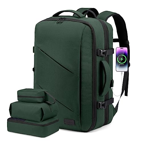 LOVEVOOK Travel Backpack, Extra Large 30-40L Expandable Carry on Backpack Airline Approved, Anti-Theft Waterproof Backpack for Travel, 17 Inch Laptop Backpack with USB Port for Men & Women, Dark Green