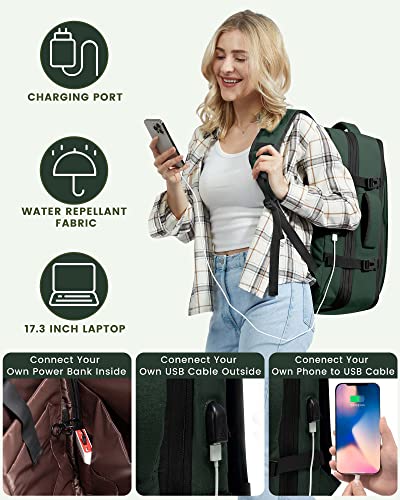 LOVEVOOK Travel Backpack, Extra Large 30-40L Expandable Carry on Backpack Airline Approved, Anti-Theft Waterproof Backpack for Travel, 17 Inch Laptop Backpack with USB Port for Men & Women, Dark Green